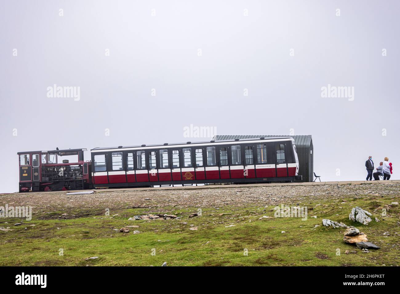 Snowdon railway train, diesel engine and carriage at Clogwyn station ...