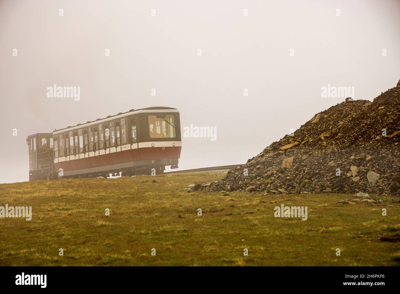 Snowdon railway train, diesel engine and carriage at Clogwyn station ...