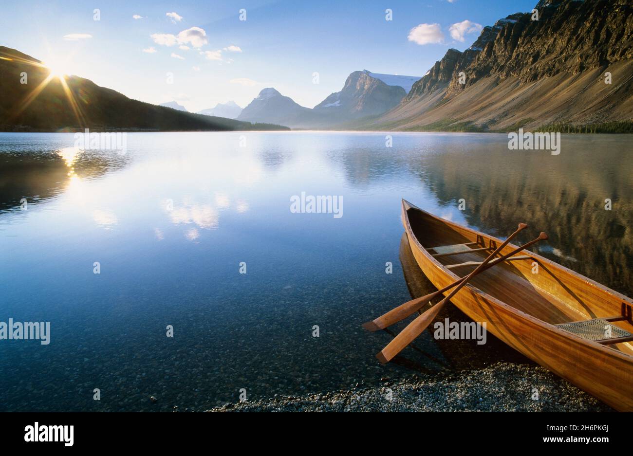 Cedar Strip Canoe, Bow Lake, Banff National Park, Alberta, Canada Stock ...