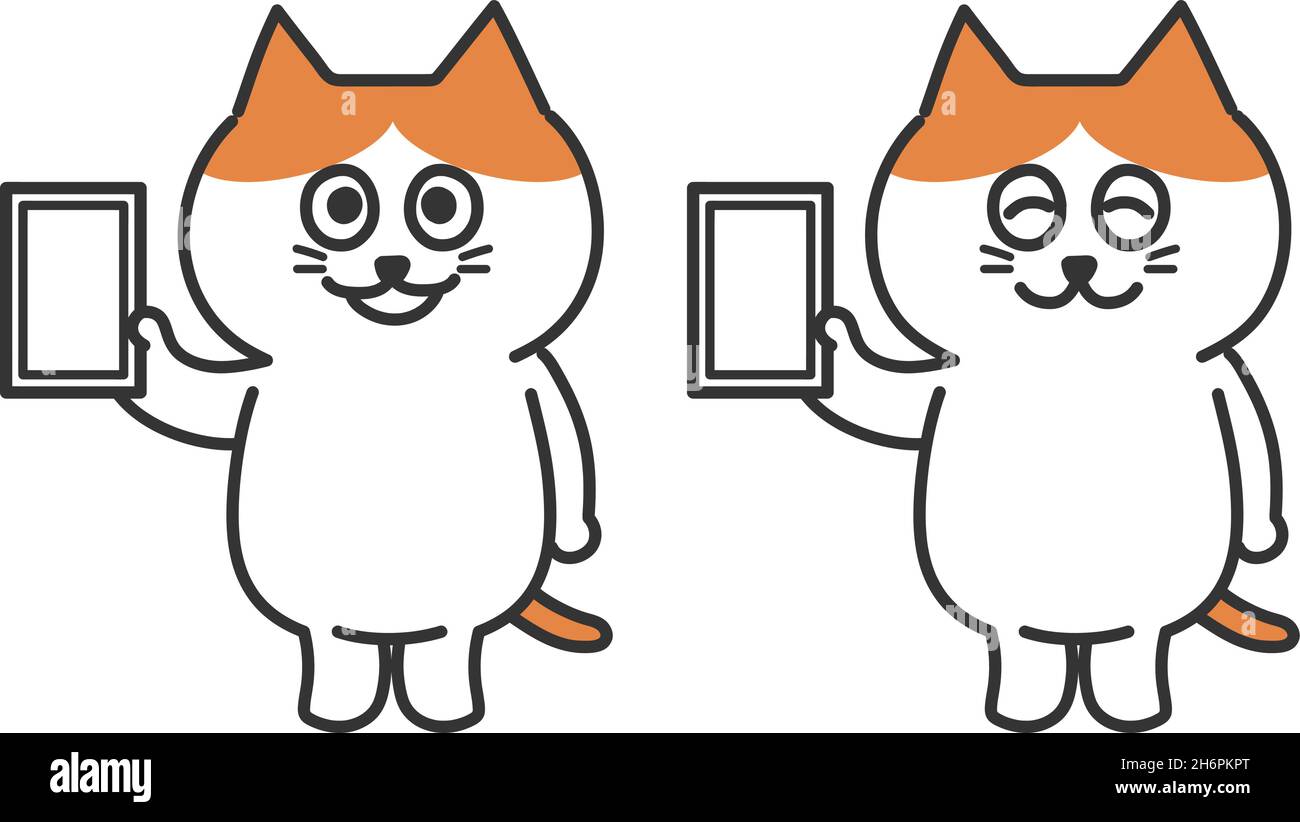 Set of smiling red tabby and white cat holding a mobile phone. Vector ...