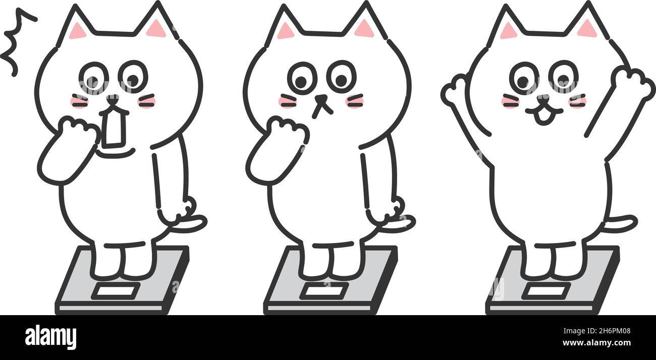 Set of white cats getting on the body scale. Vector illustration ...
