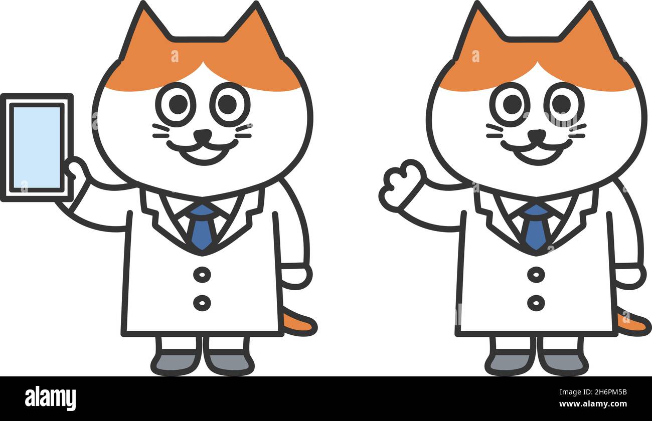 Set of red tabby and white cat doctor wearing laboratory coat. Vector ...