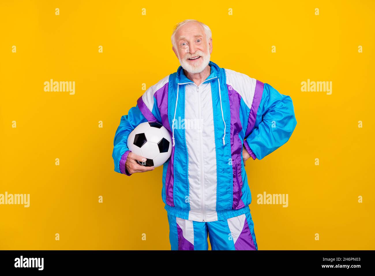 Photo of senior grandfather retro motivation trainer soccer ball ...