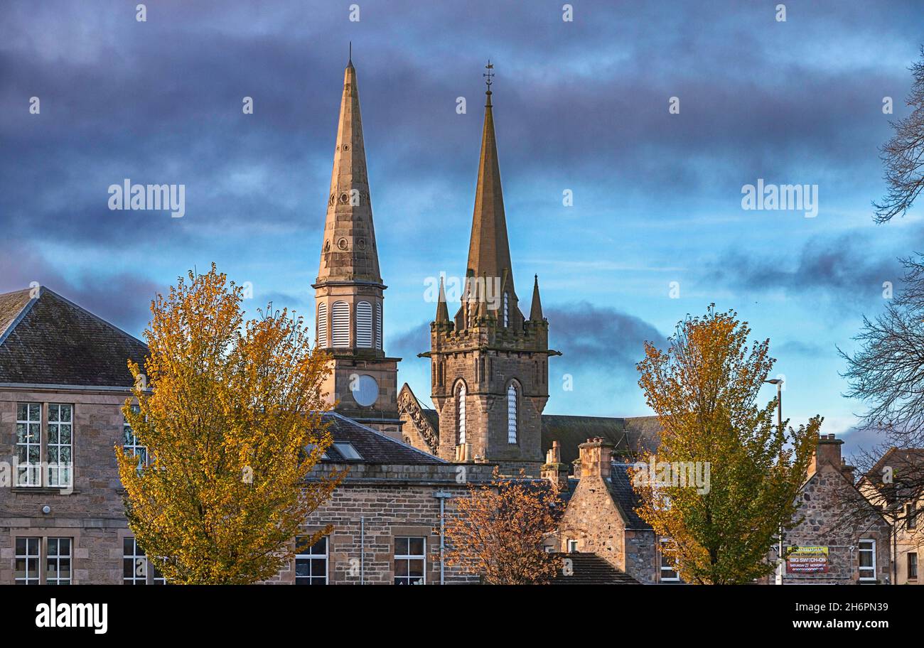 FORRES MORAY SCOTLAND TWIN TOWERS OR STEEPLES OF SCHOOL AND CHURCH WITH ...