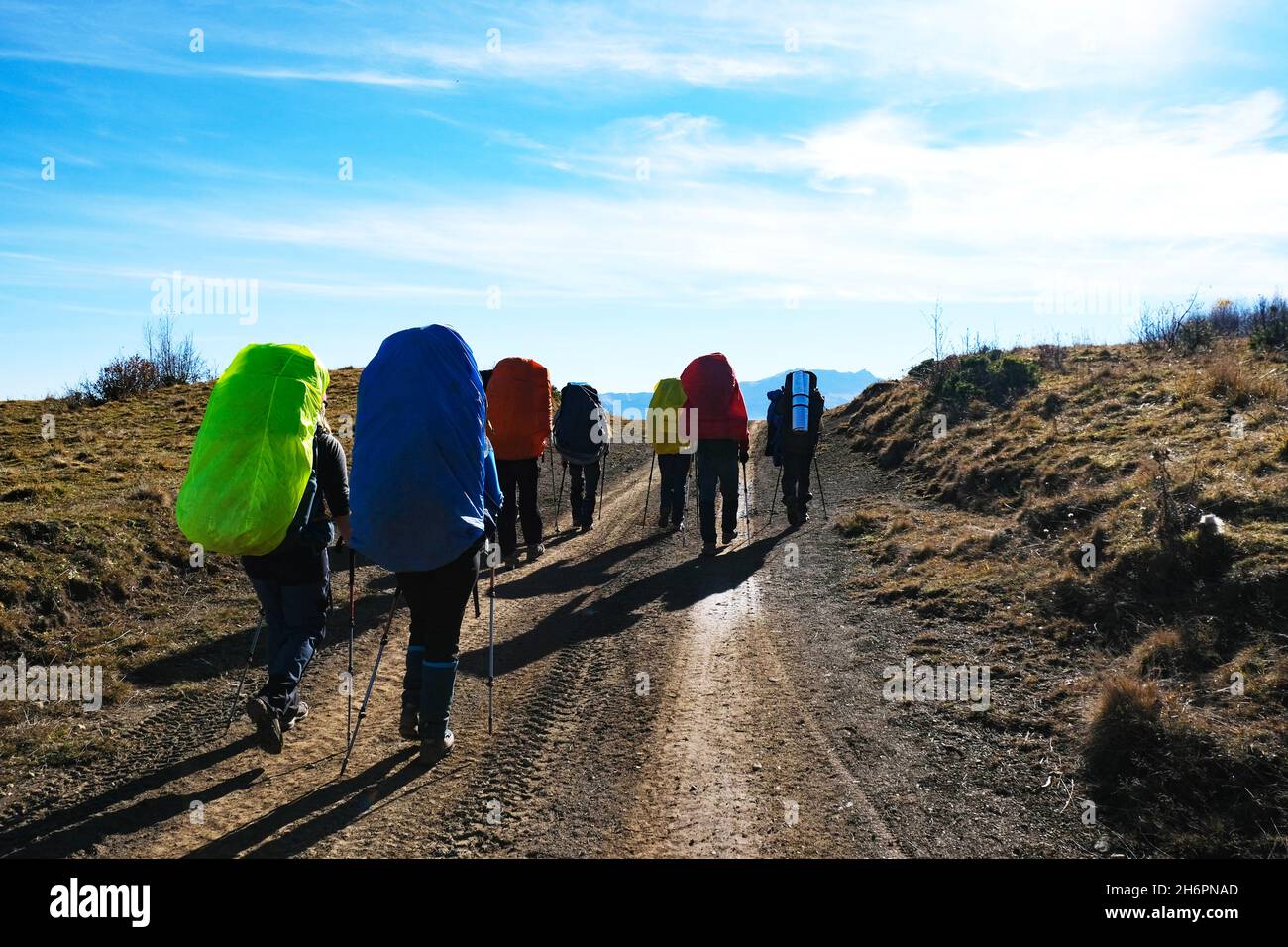 Group of travelers with big backpacks on the road. Back view Stock ...
