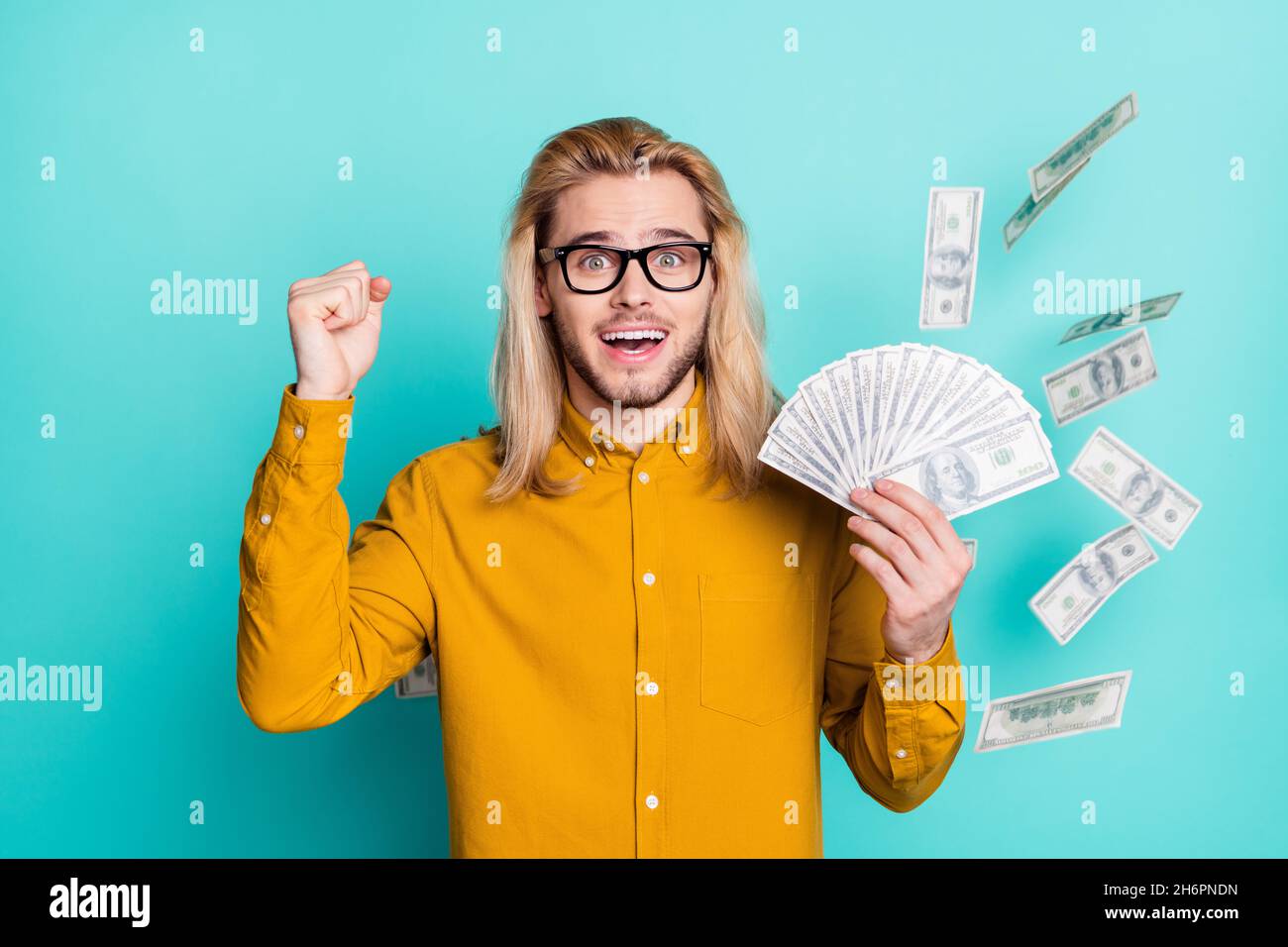 Photo of young guy happy positive smile rejoice victory win lottery ...