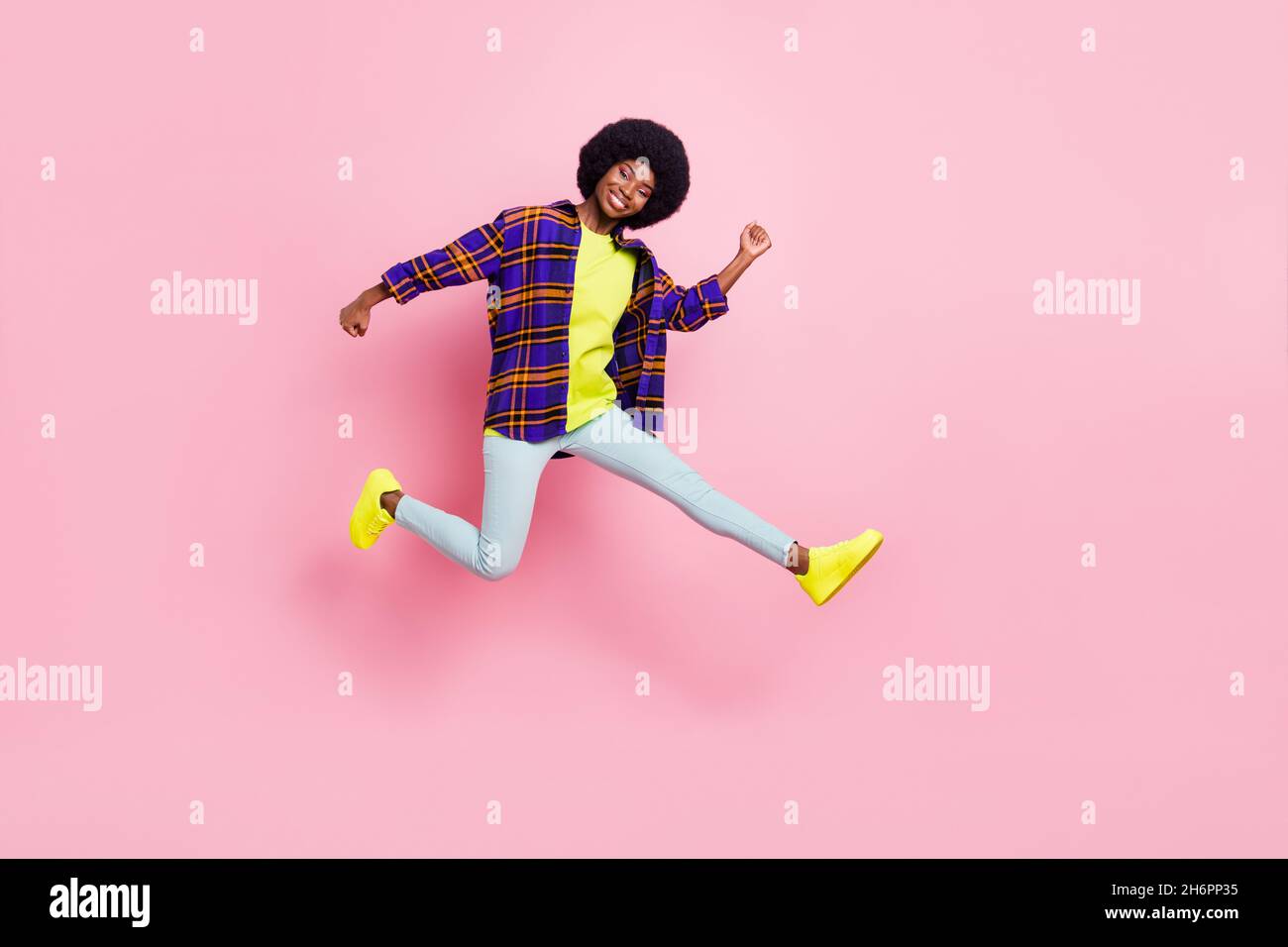 Full length body size view of pretty cheerful girl jumping running ...