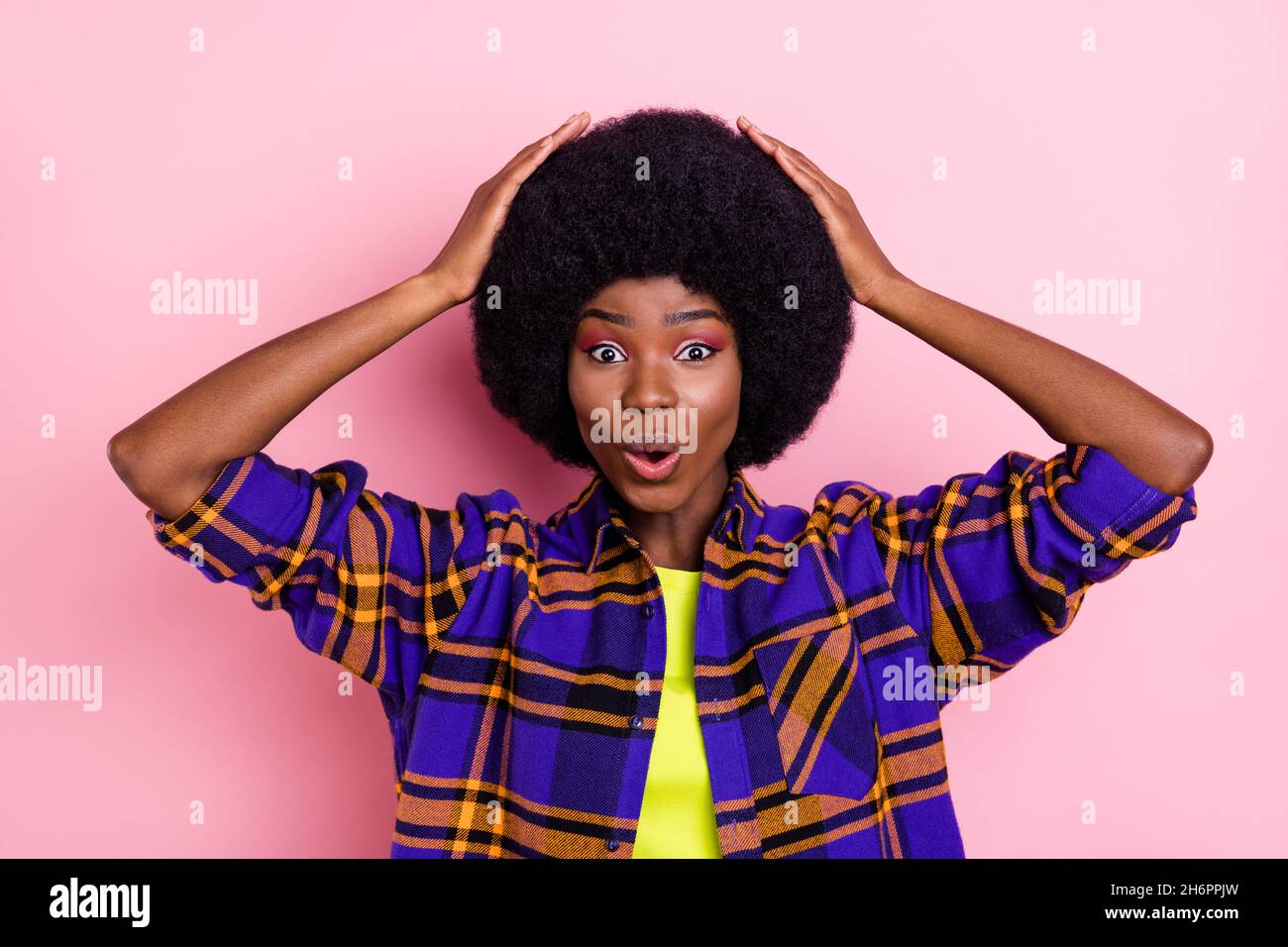 Portrait of attractive amazed cheerful girl pout lips great sudden news ...