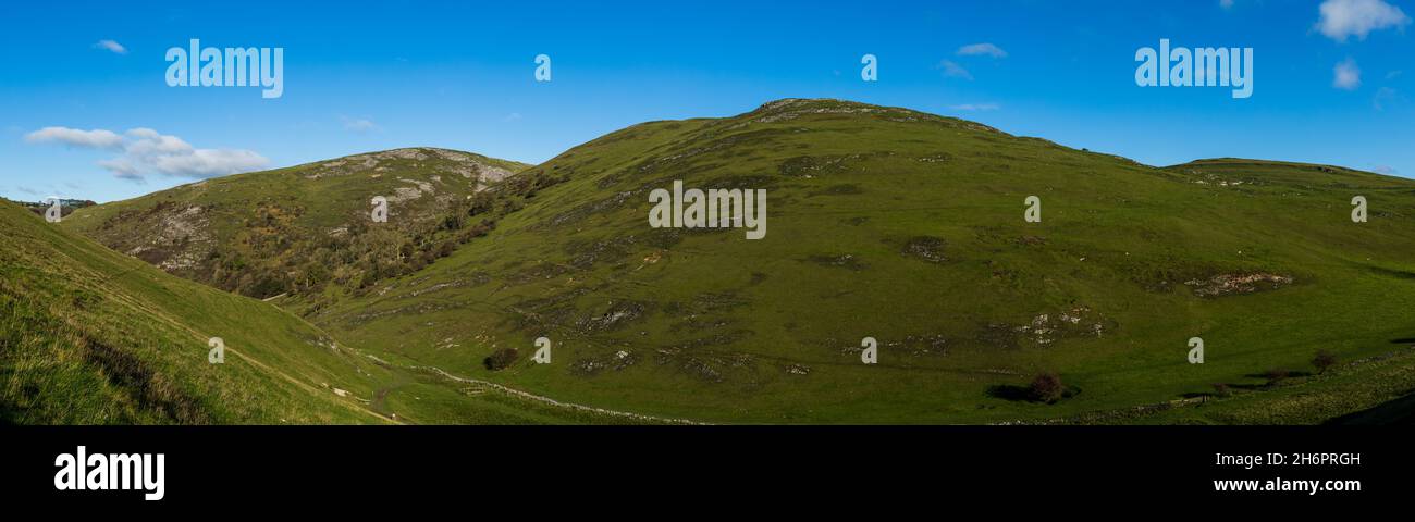 Panorama of the hills taken from Thorpe Cloud in Dovedale, Derbyshire ...