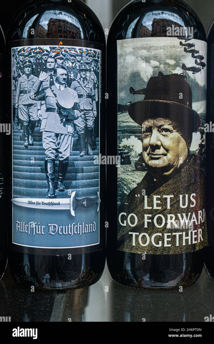 Wine bottles with labels of historical figures, Rome, Italy Stock Photo ...