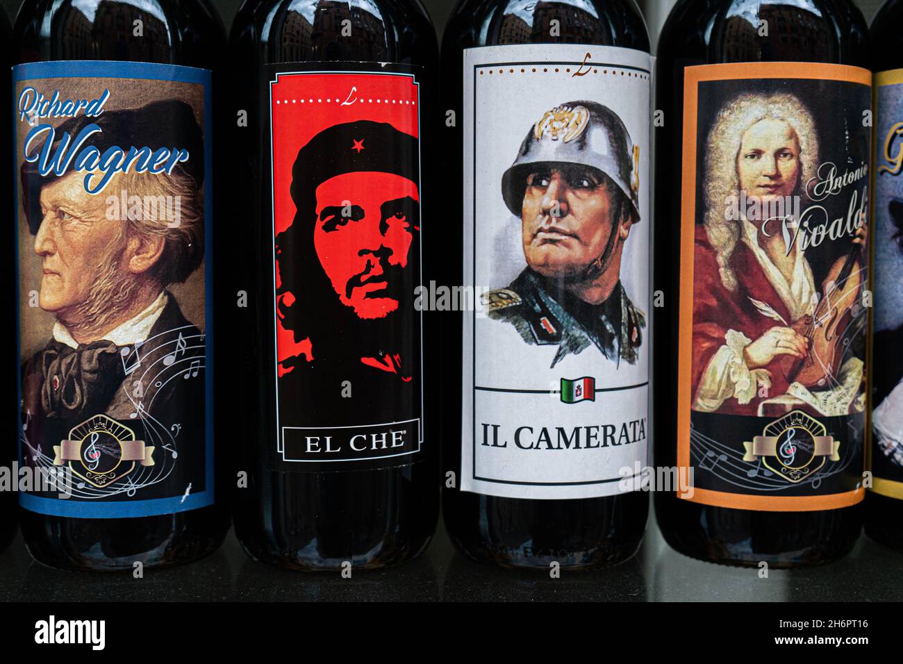 Wine bottles with labels of historical figures, Rome, Italy Stock Photo ...