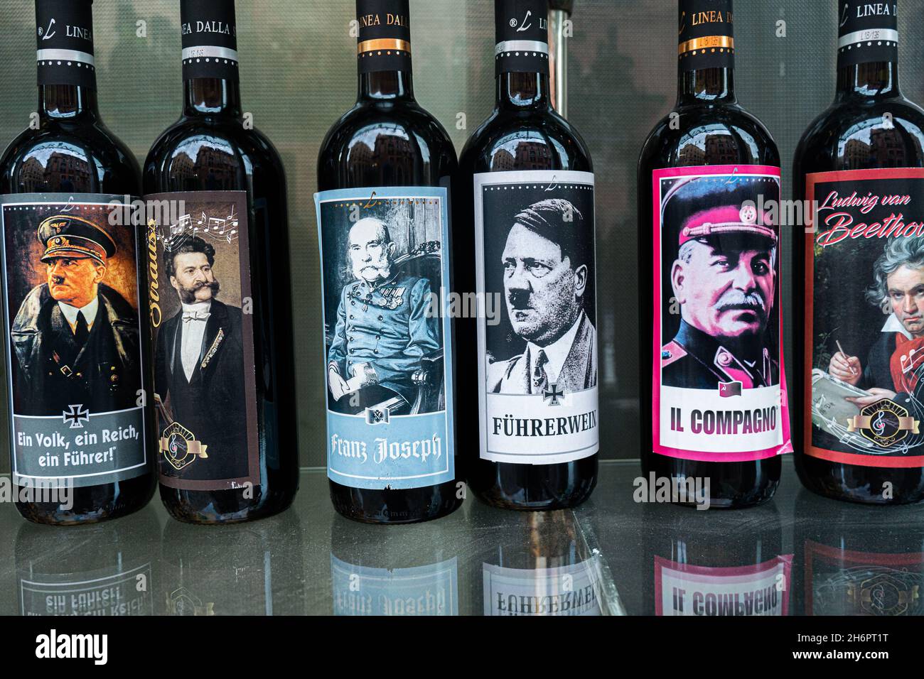 Wine bottles with labels of historical figures, Rome, Italy Stock Photo ...