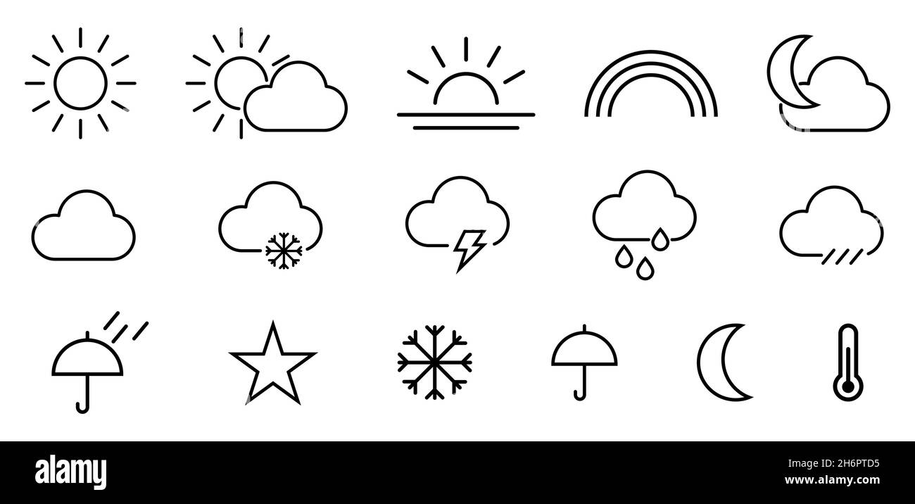 Set of weather icons. Line art style. Weather, clouds, sunny day, moon ...