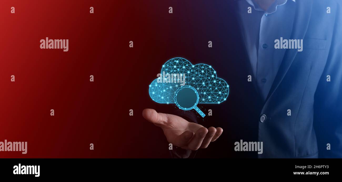 Cloud technology. Polygonal wireframe cloud storage sign with search ...