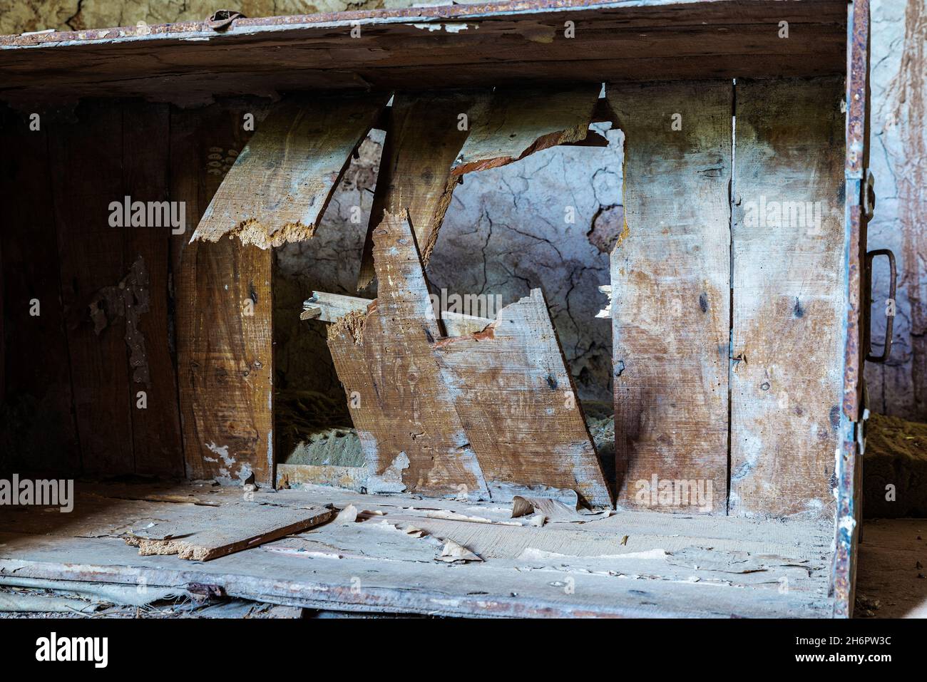 Old broken wooden box in an old abandoned house in Montanejos ...