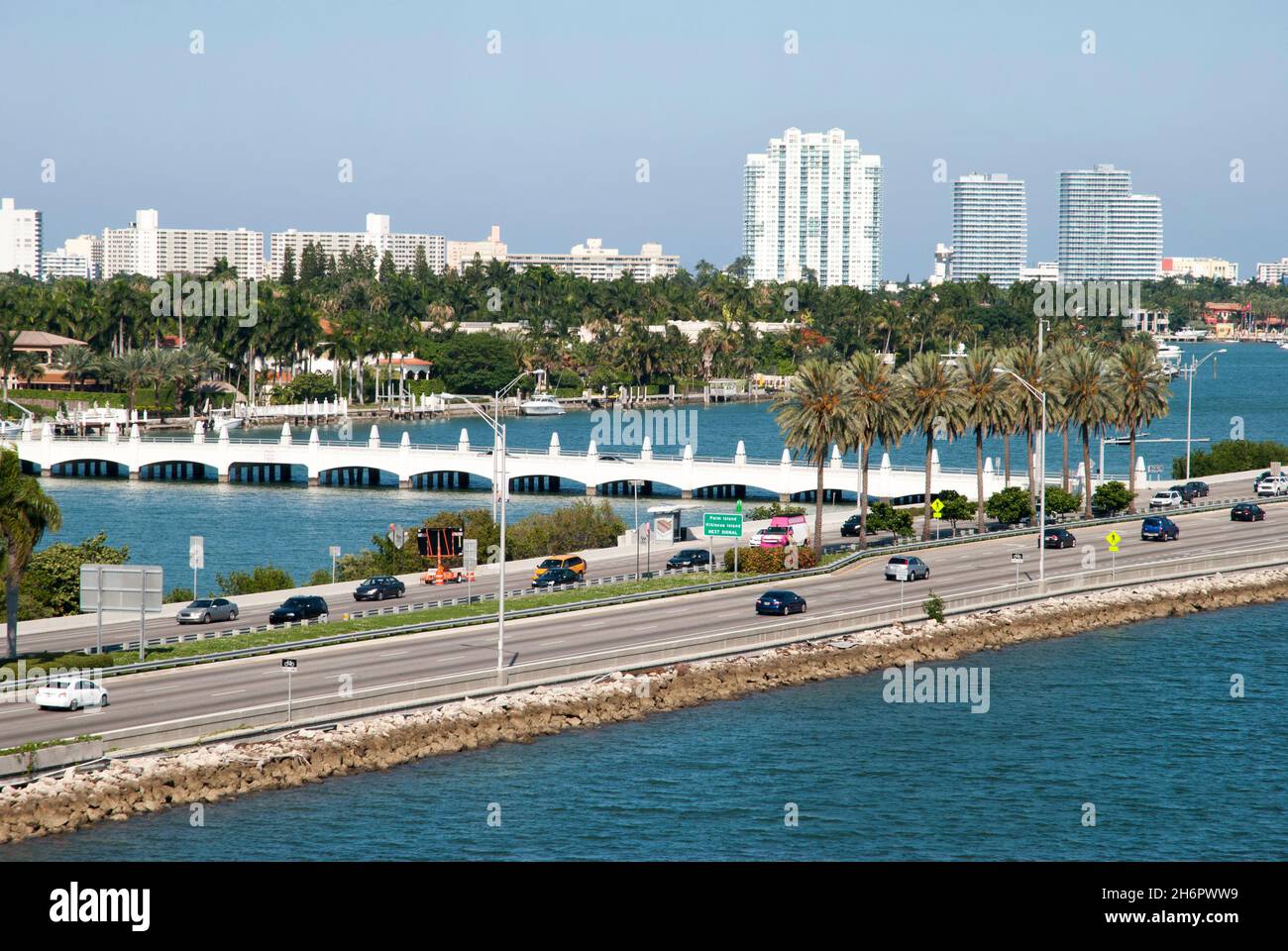 The view of MacArthur Causeway and Miami Beach skyline in a background ...