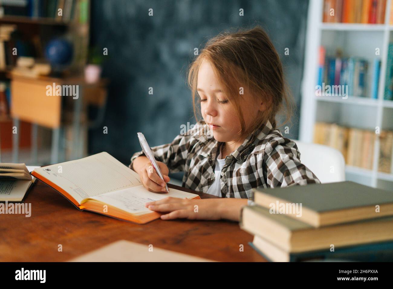 Side view of pretty focused pupil kid school girl doing homework ...