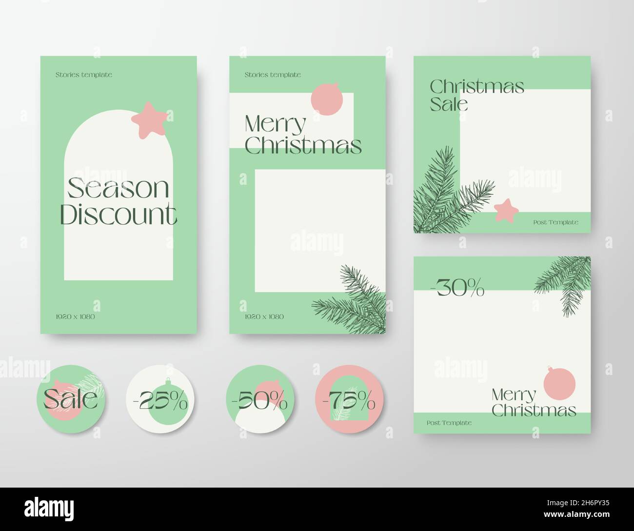 Christmas Advertising Trendy Editable Templates Set. Pine Branches and ...
