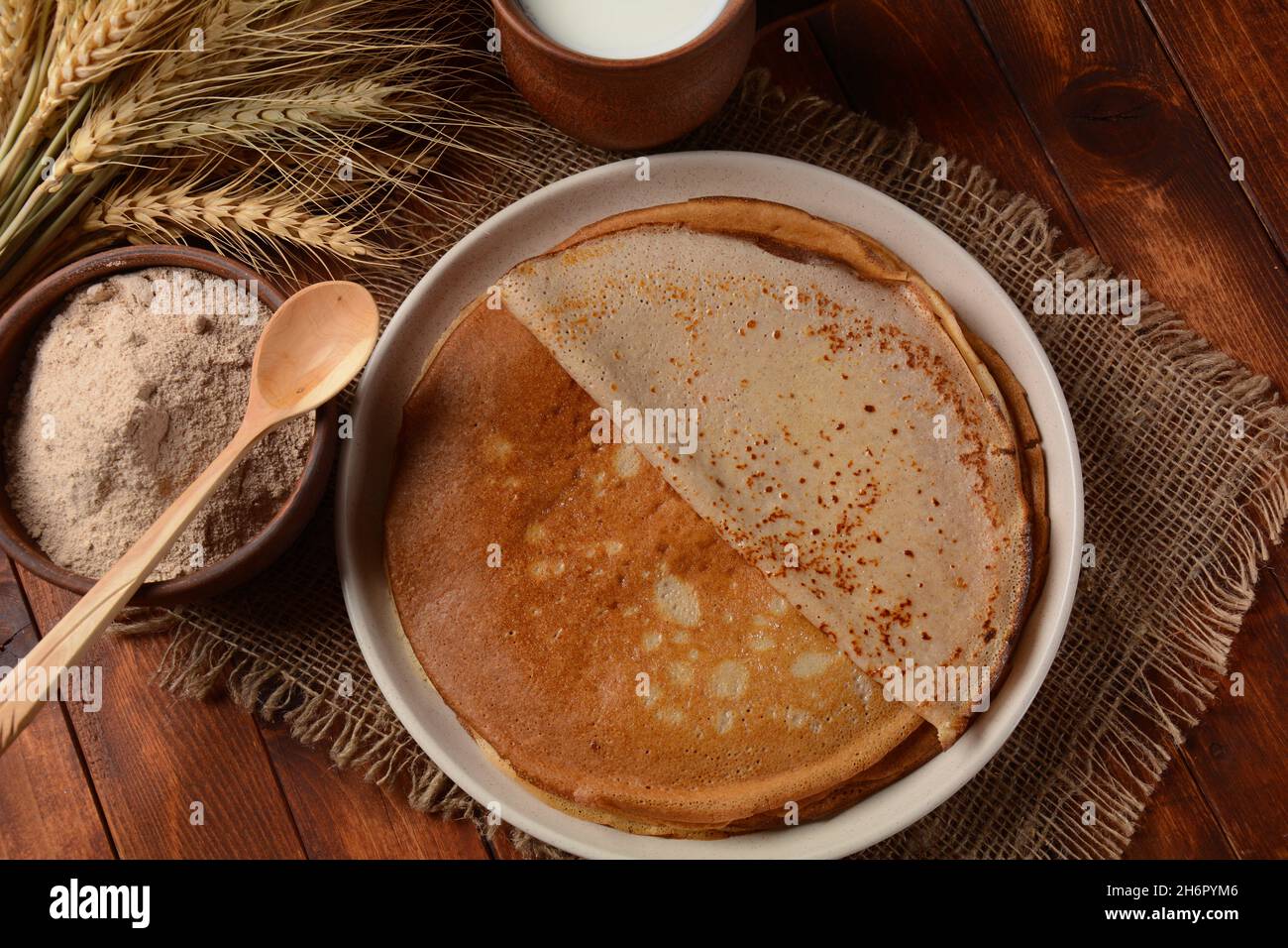 A traditional French Savory Buckwheat Galettes Bretonnes pancakes on a ...