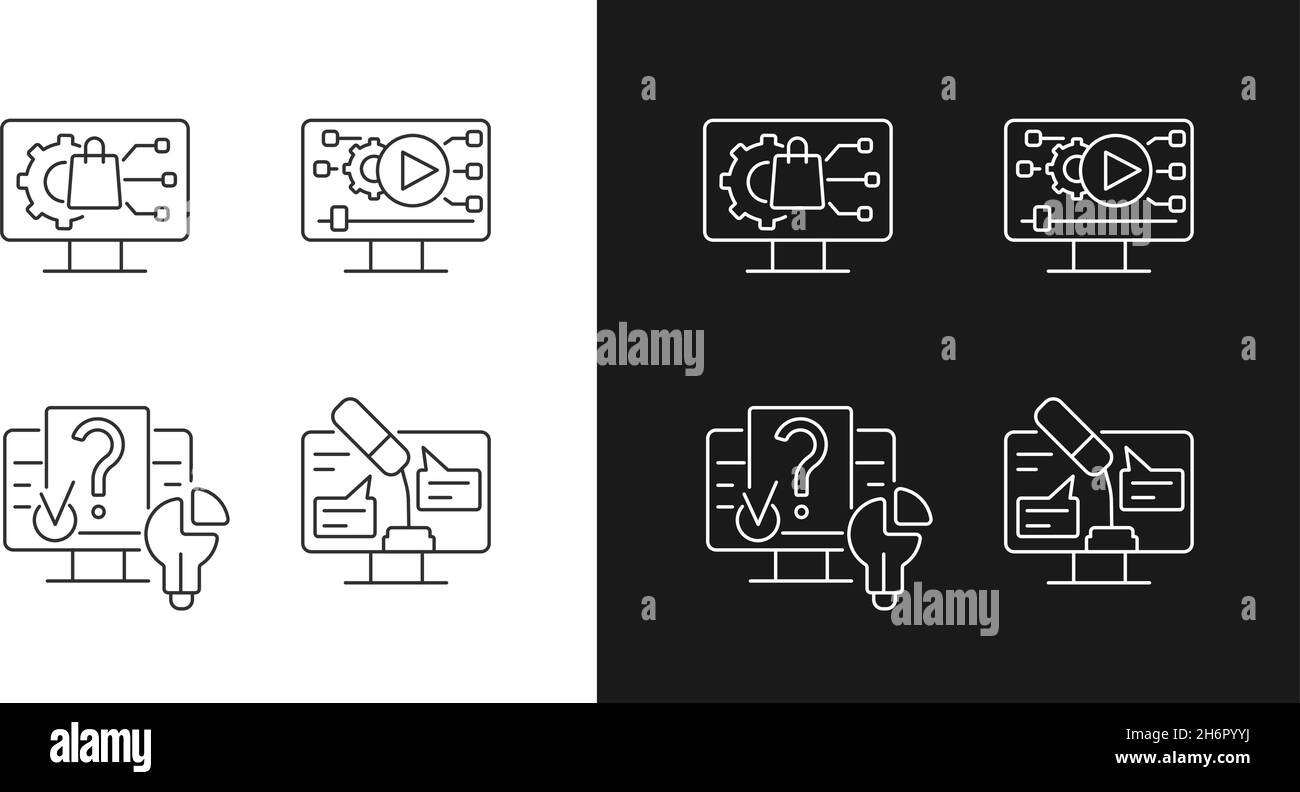 Engaging with digital technology linear icons set for dark and light ...