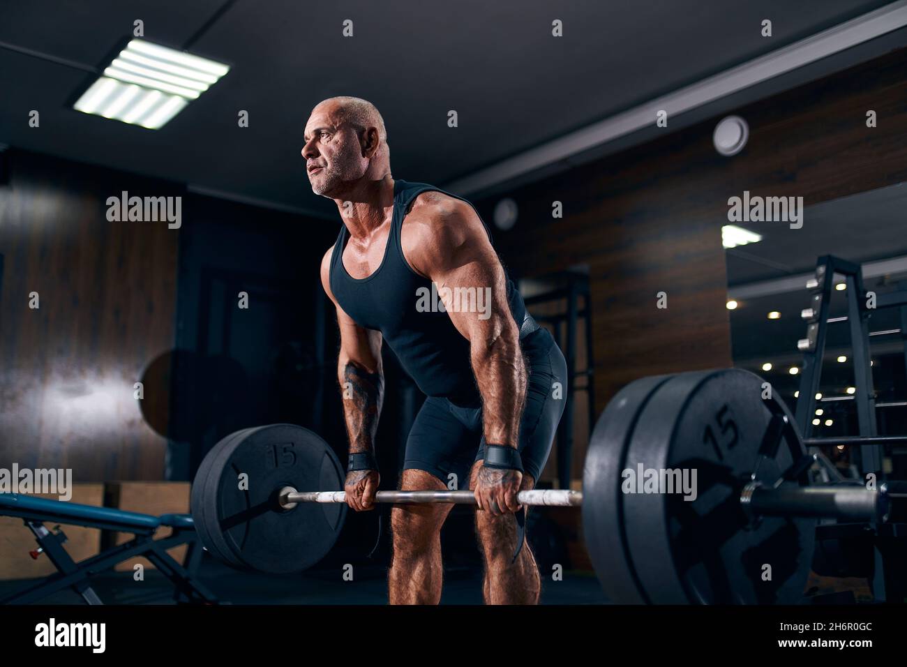 Older powerlifter exercising deadlift with barbell while on cross ...