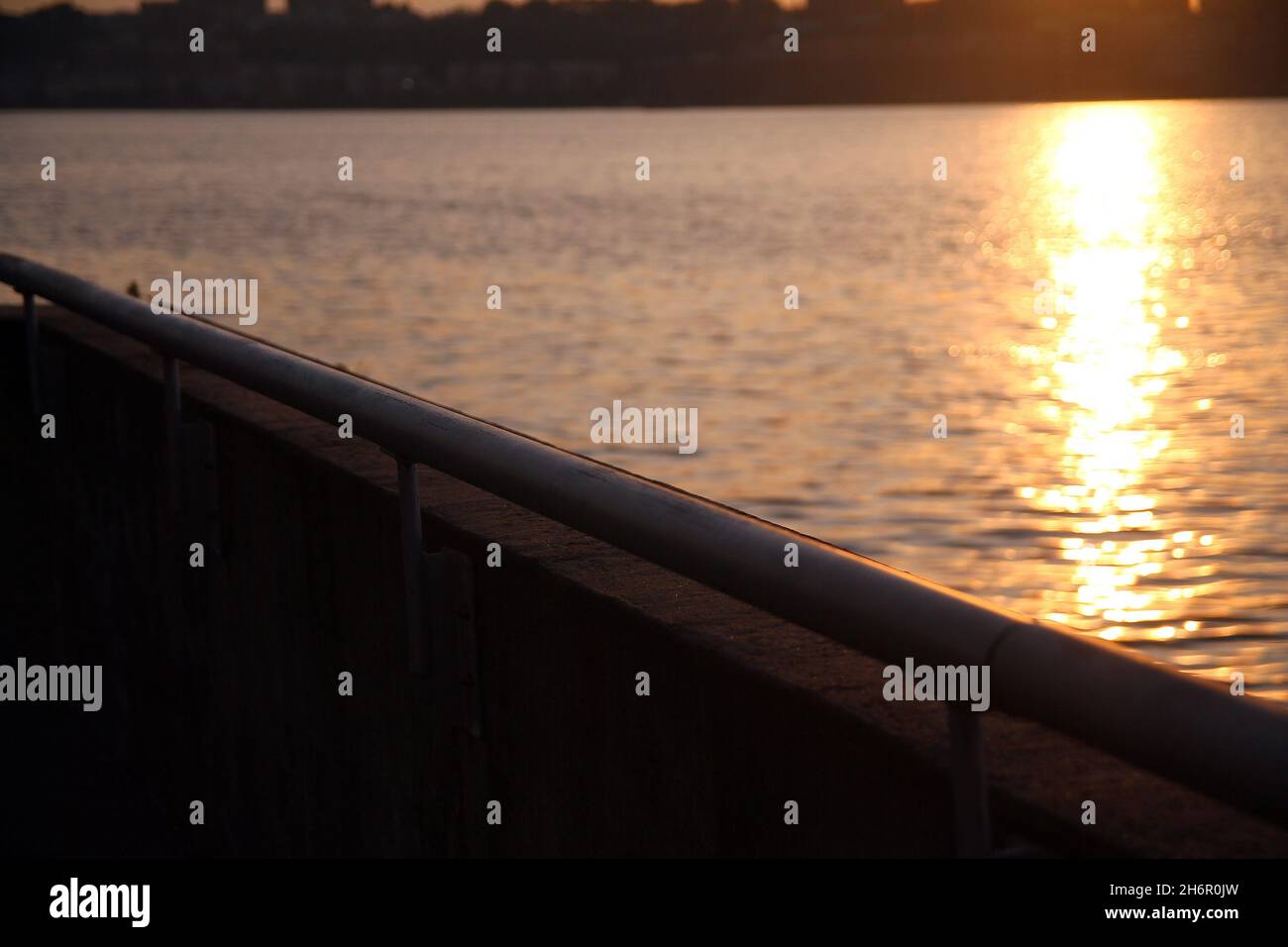 The metallic baluster facing the Hudson river during a summer sunset in ...