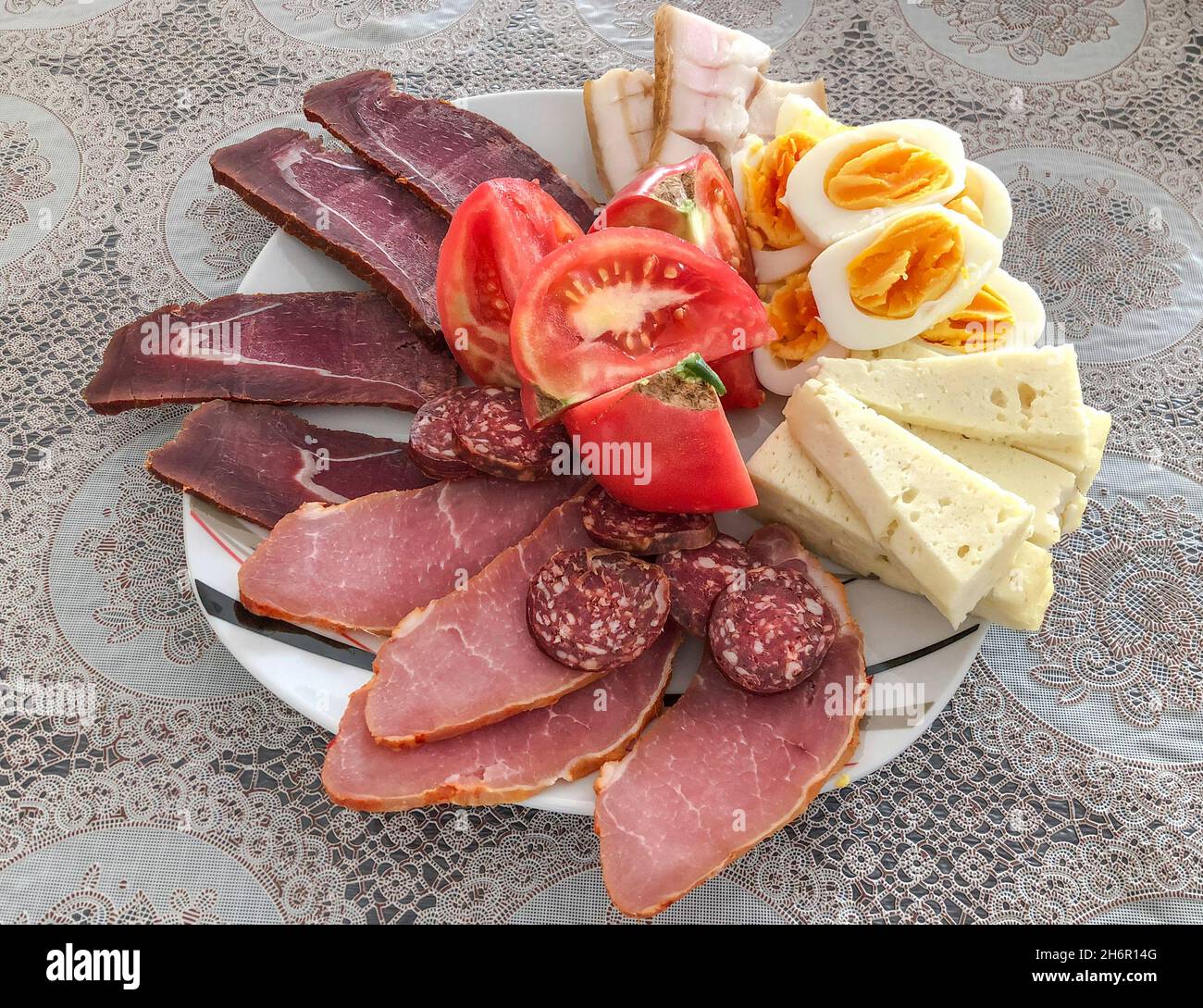 boiled egg, cheese and ham on table for breakfast Stock Photo - Alamy
