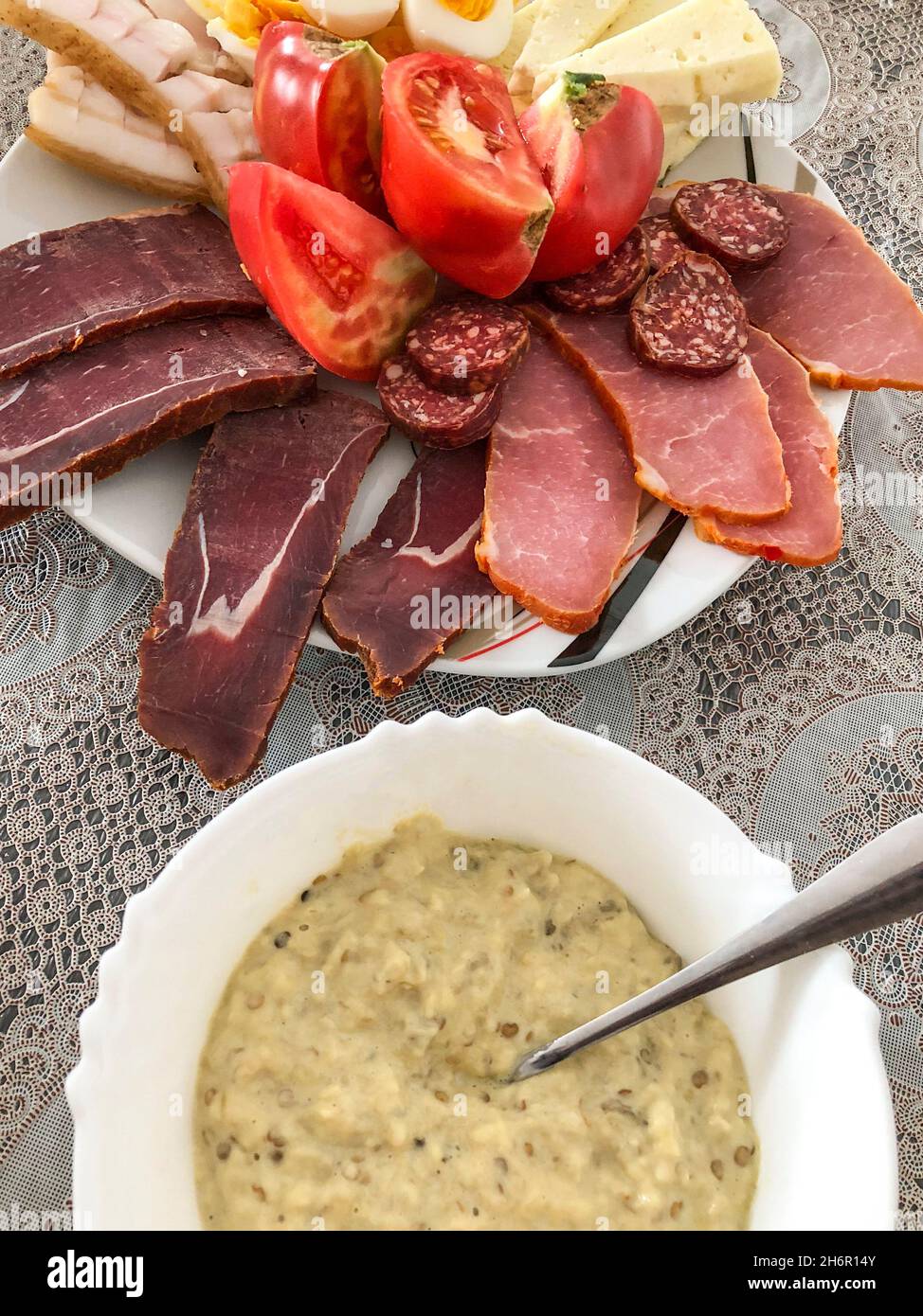 boiled egg, cheese and ham on table for breakfast Stock Photo - Alamy