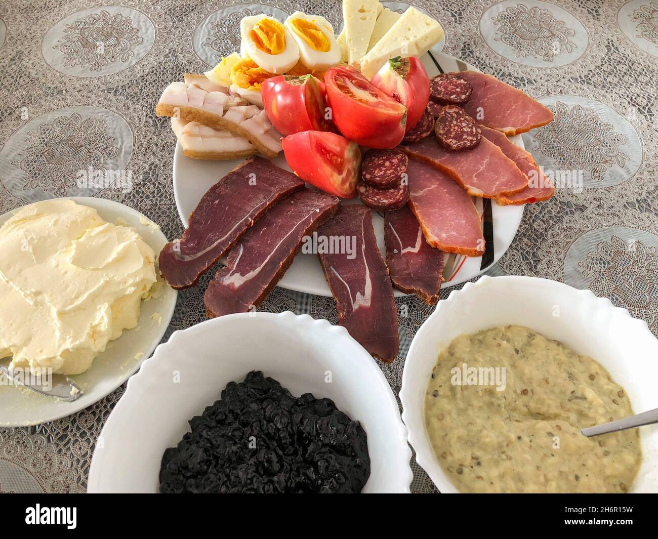 boiled egg, cheese and ham on table for breakfast Stock Photo - Alamy
