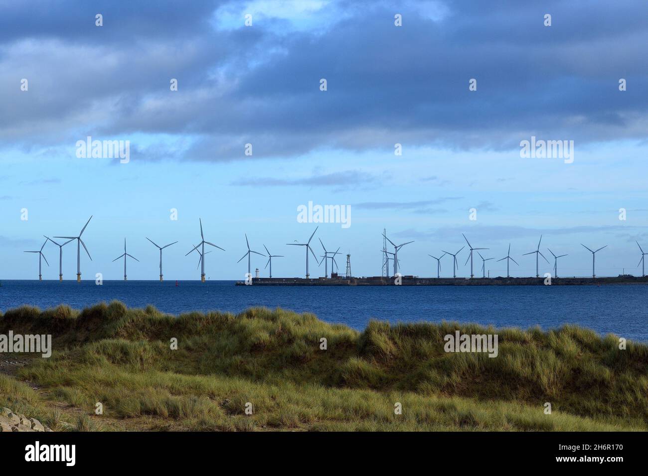 Naturally lit colour image of the Teesside Wind Farm pictured from ...