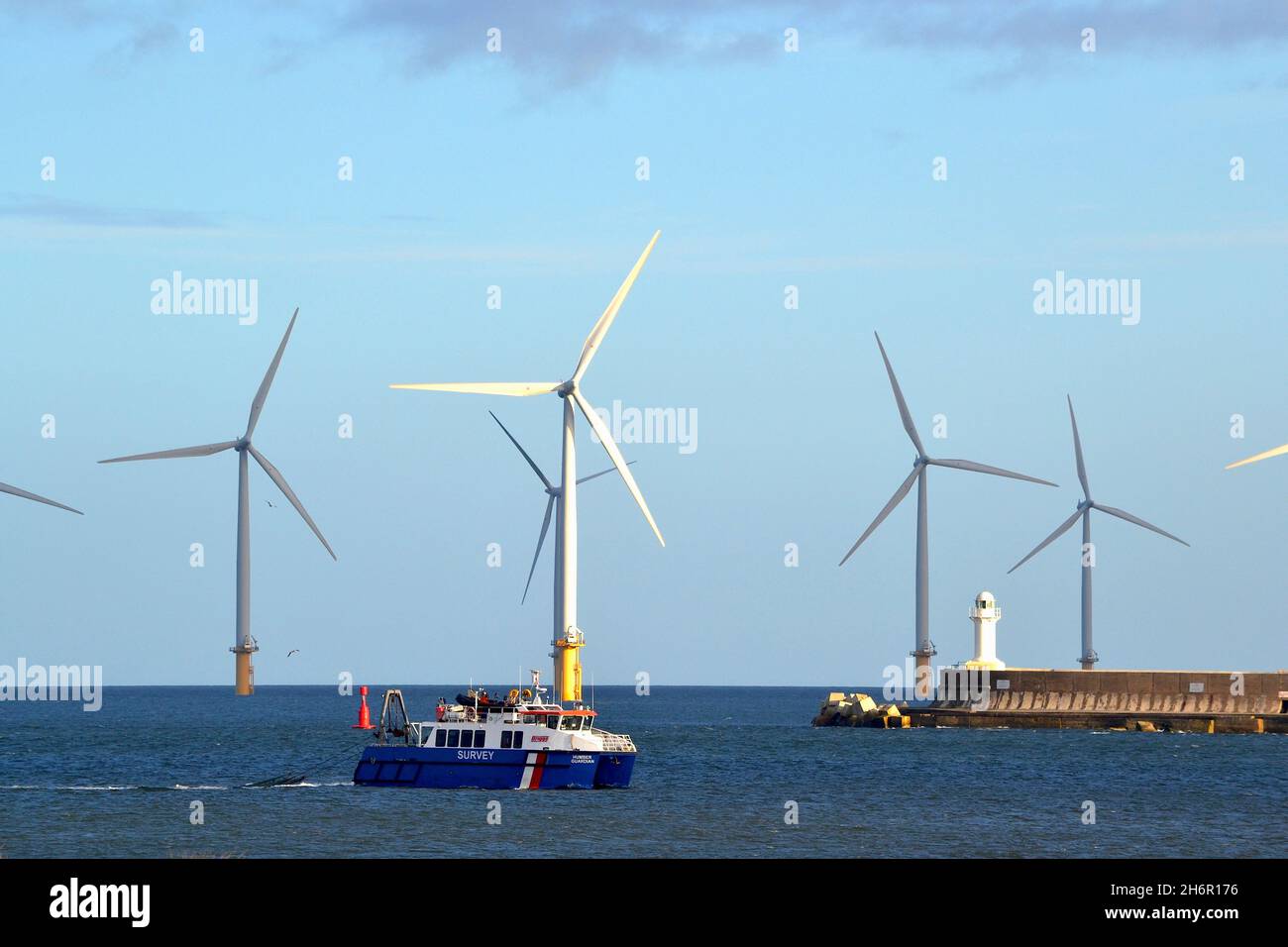 Naturally lit colour image of the Teesside Wind Farm pictured from ...