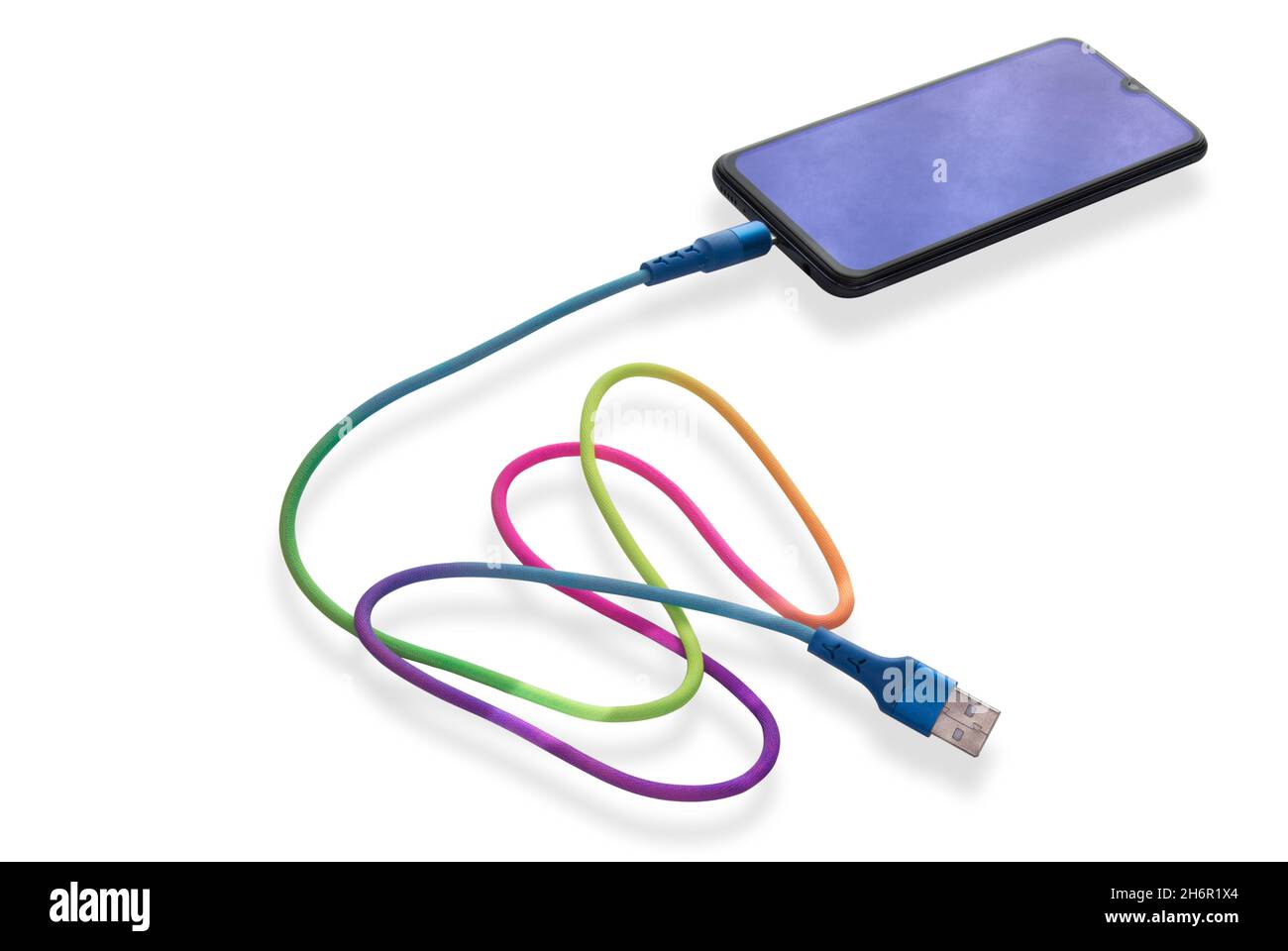 Smartphone and multi-colored USB cable on a white background Stock ...