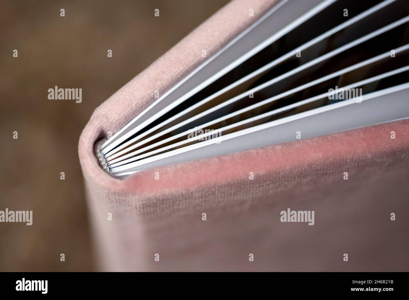 Closeup of opened exclusive photobook covered with velvet textile ...