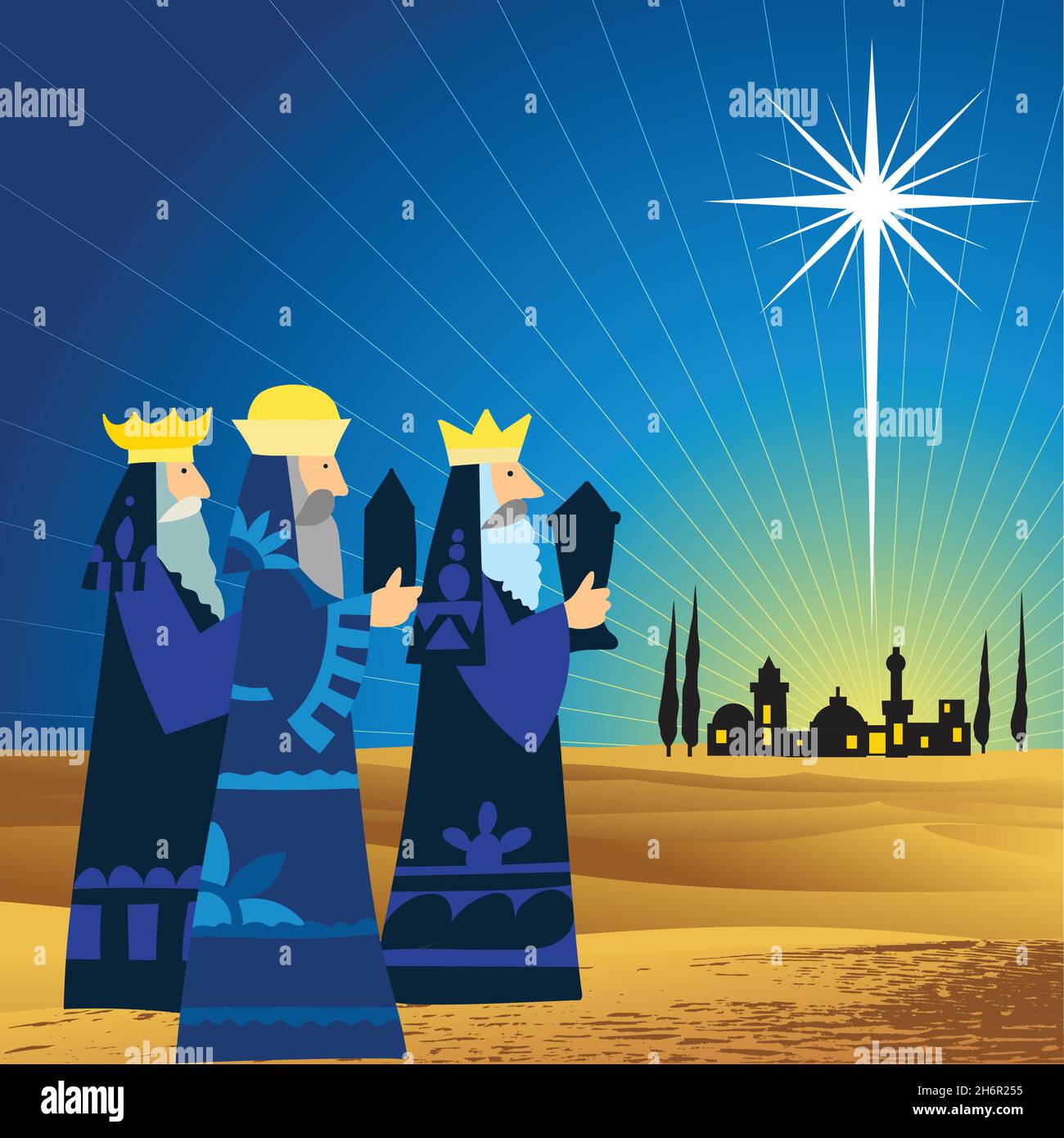 The three Wise Men follow the star to find the baby Jesus Stock Vector ...