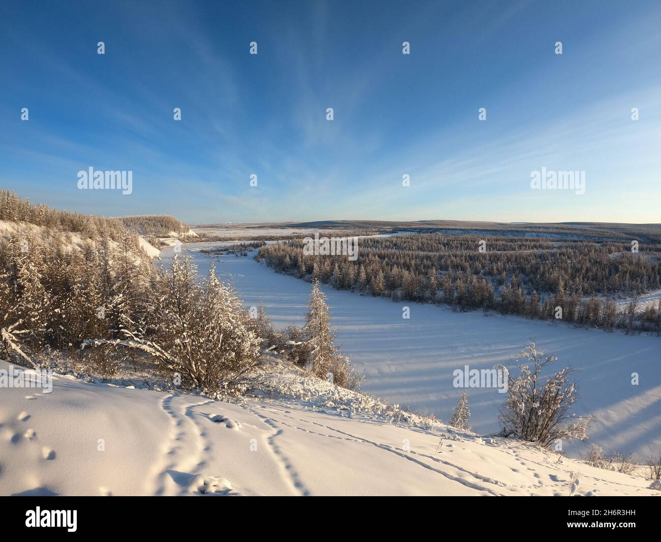 Winter landscape, snow covered Kolyma river, Kolyma, Russia Stock Photo ...