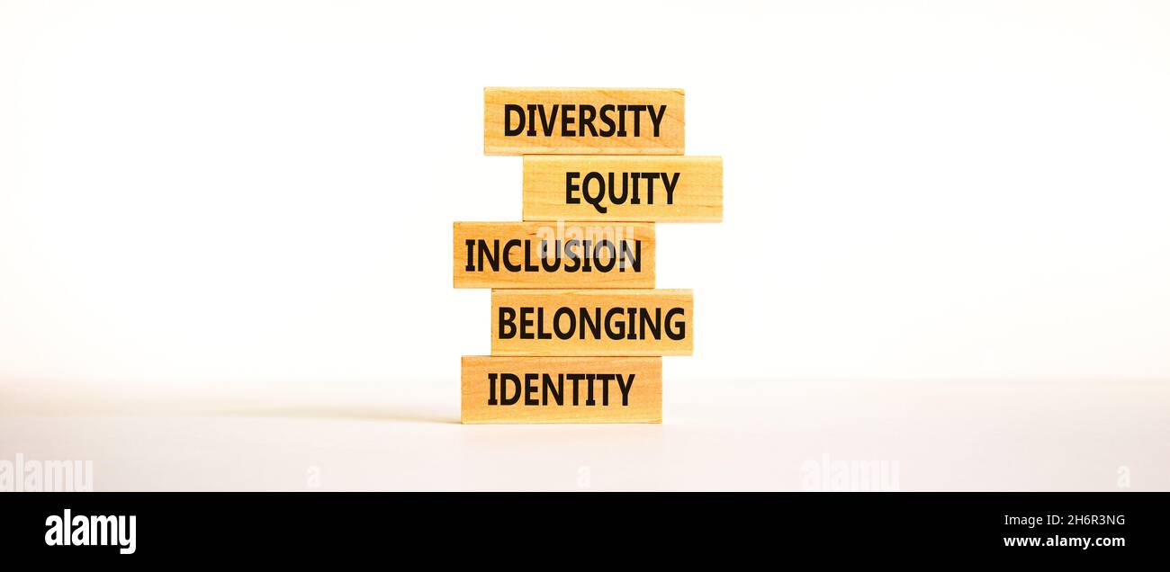 Diversity, equity, inclusion, belonging, identity symbol. Wooden blocks ...