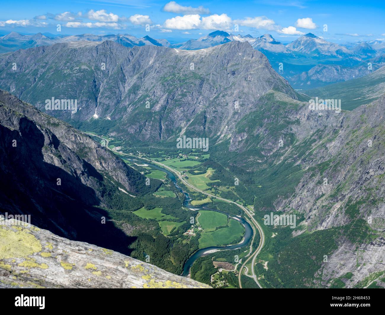 View over mountain ridge Trollveggen down to valley Romsdalen, Rauma ...