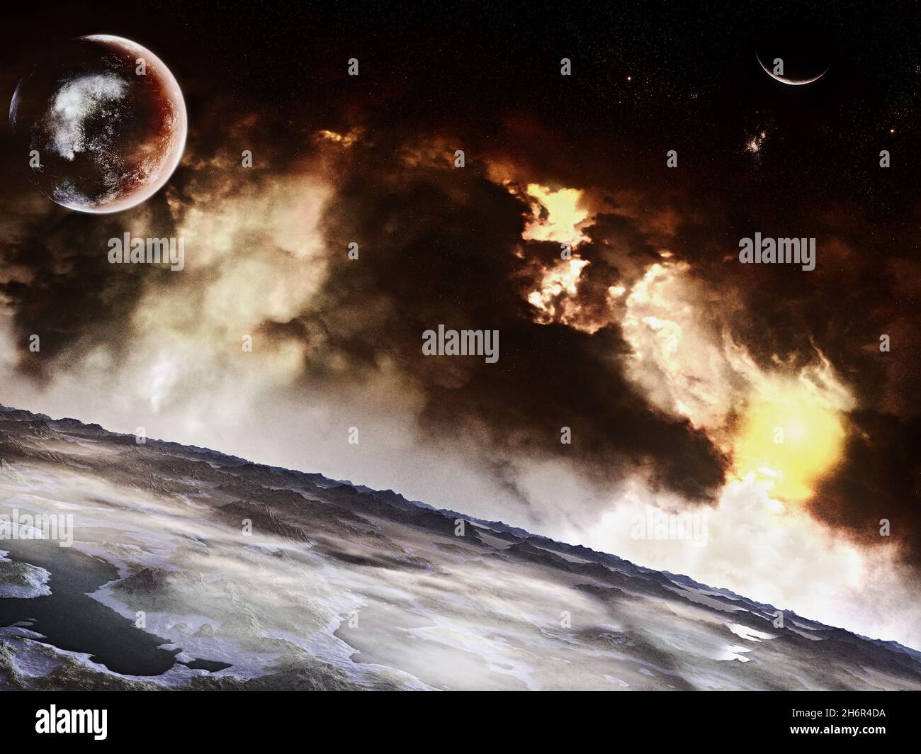 Illustration of a majestic celestial environment over a cold distant ...