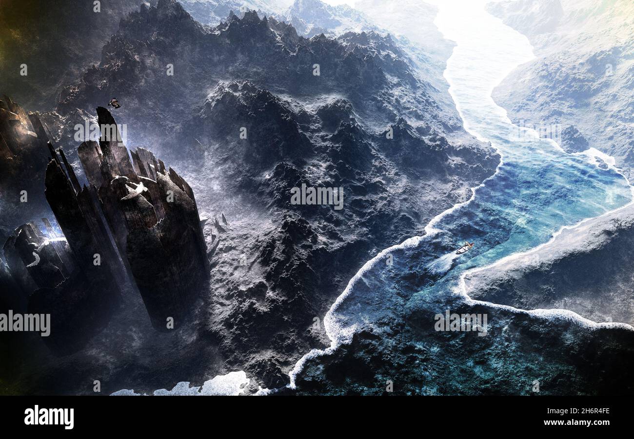 Illustration of a majestic fantasy landscape with river and foggy ...