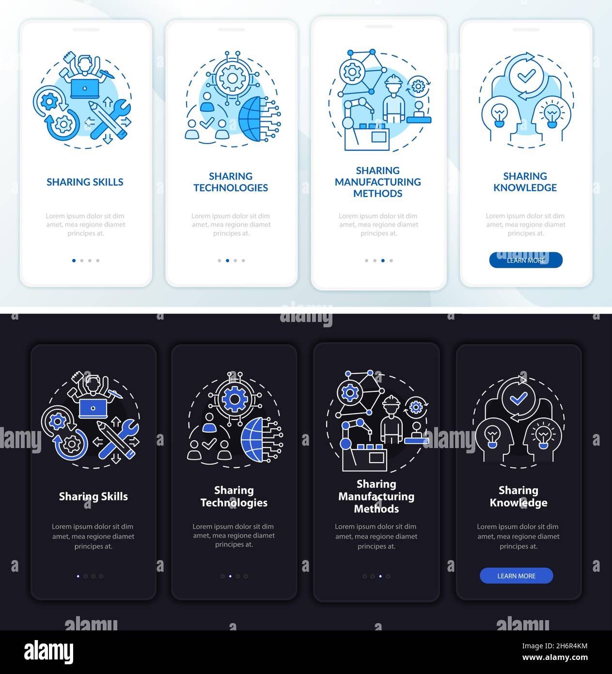 Tech sharing methods onboarding mobile app page screen Stock Vector ...