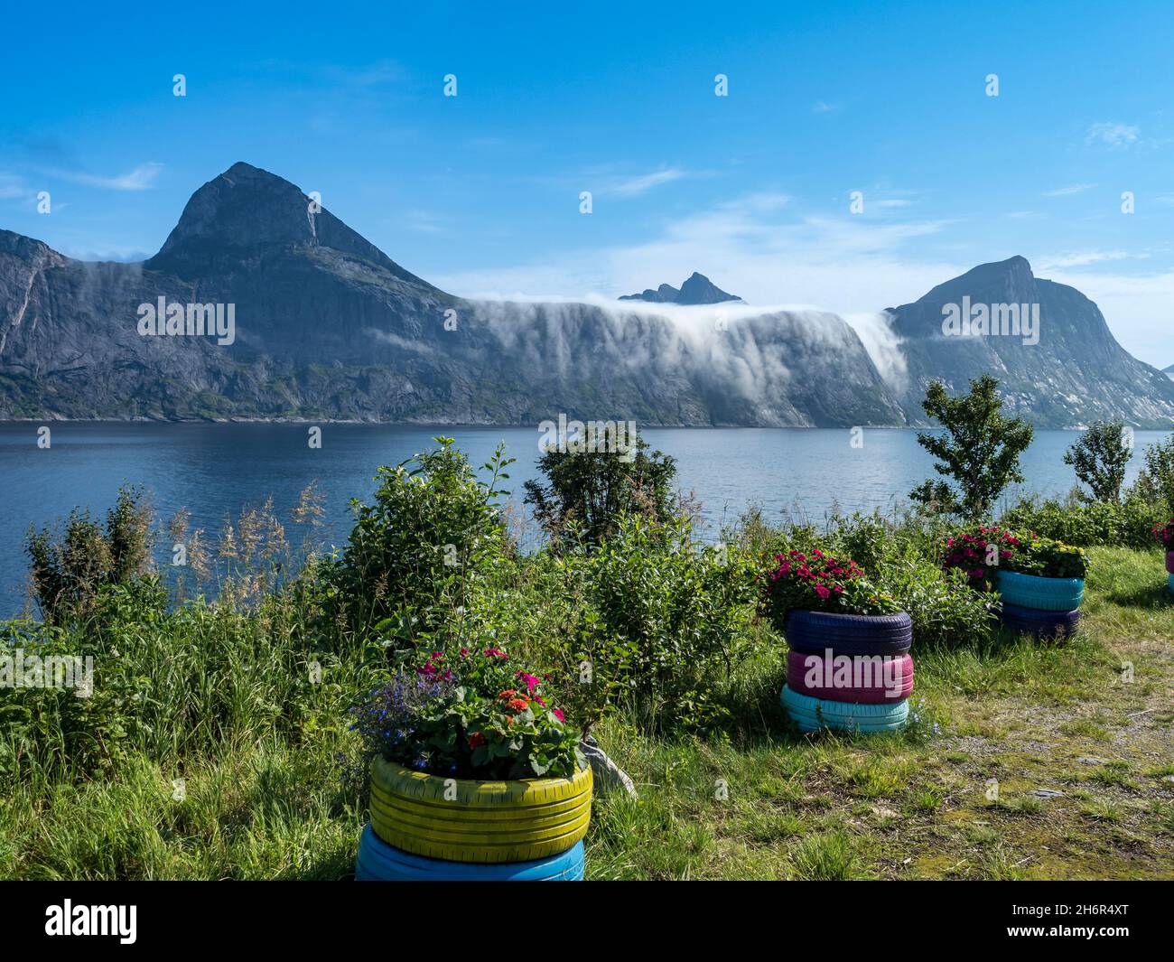 View from rest area over fjord Mefjord on Senja island, in the ...