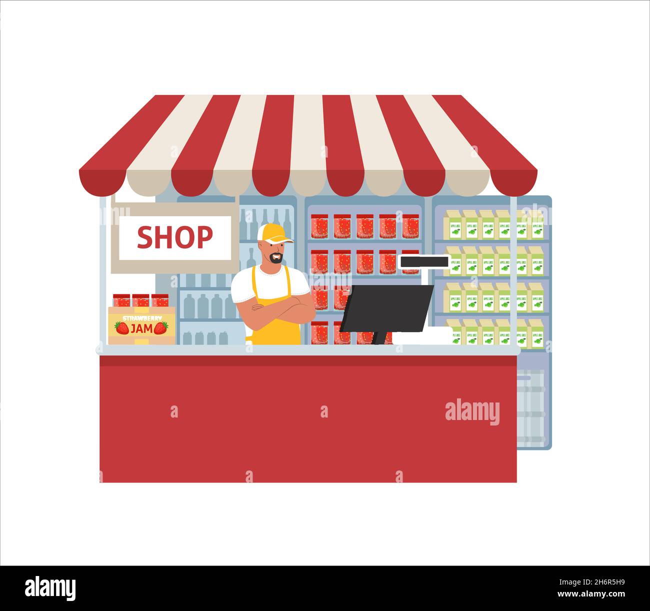 Jam store, flat vector illustration. Supermarket, grocery store canned ...