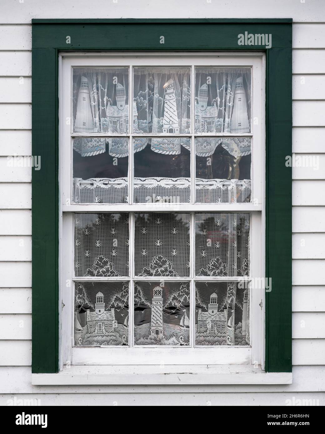Whitefish Point Lighthouse window with lighthouse sheer curtains at N ...