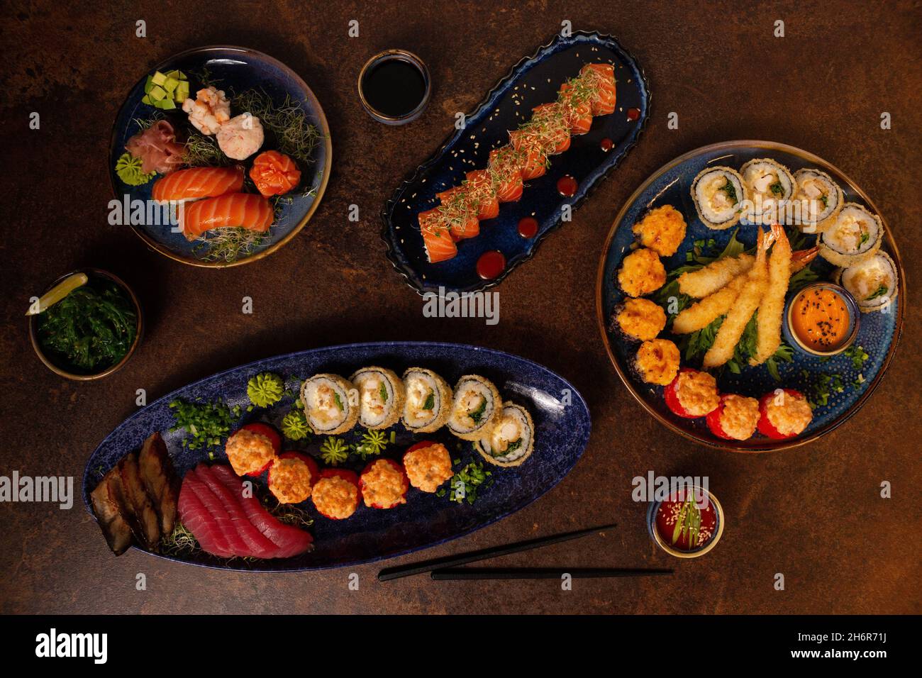 Big Sushi Set, Sashimi, Rolls Set on Table. Asian Cuisine. Healthy Food ...