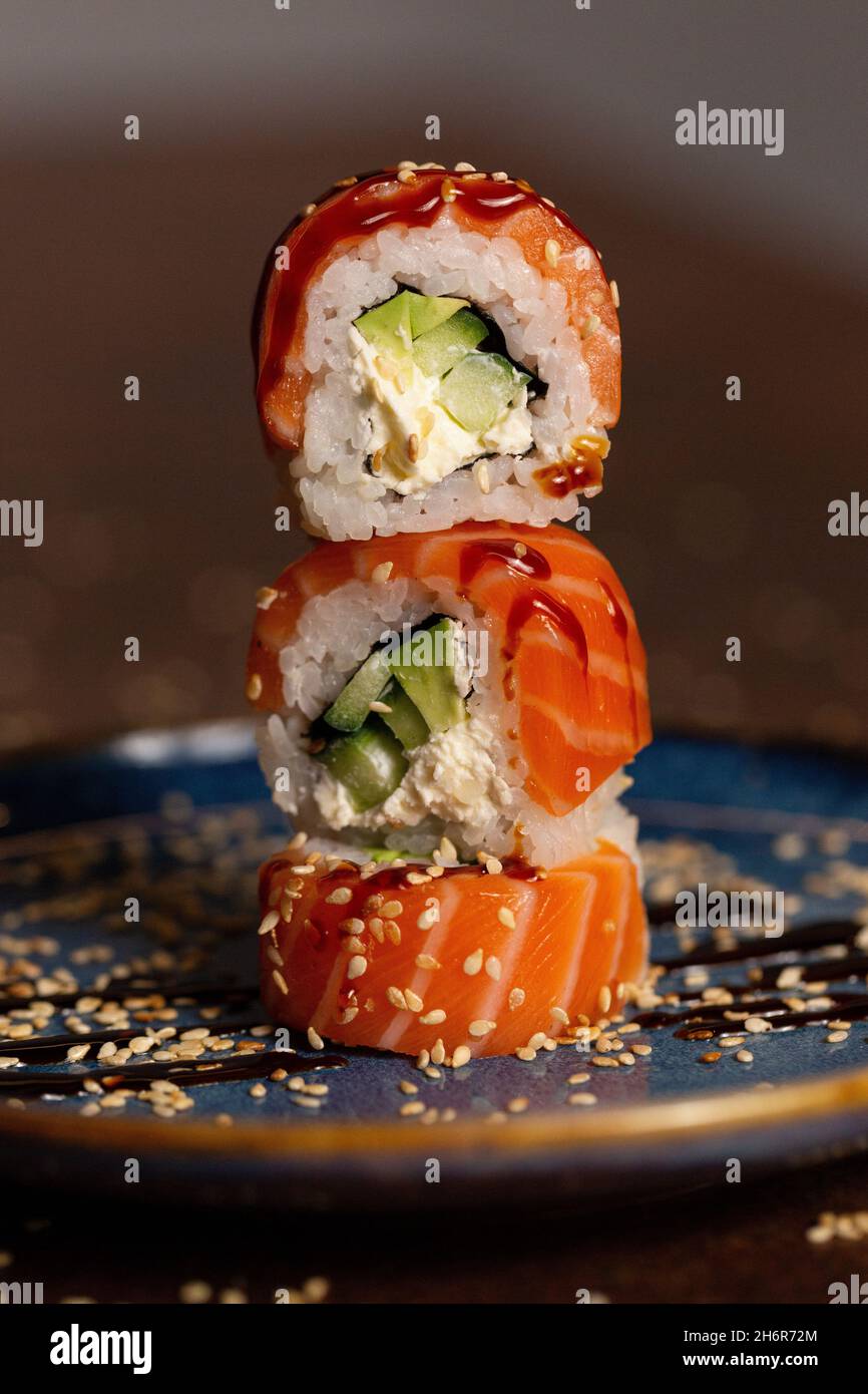 Sushi Tower on a Plate Close Up. Healhty, Asiain, Popular food concept ...