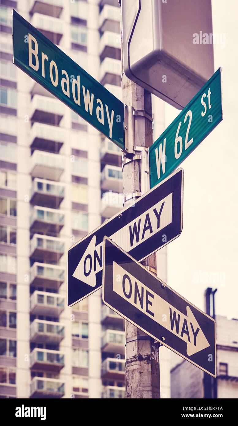 One Way traffic signs at Broadway road, color toning applied, New York ...