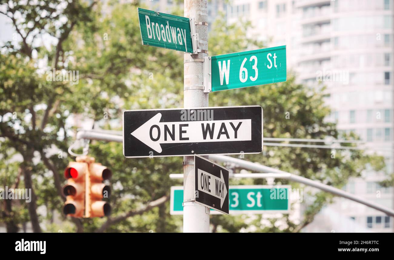 Traffic signs at Broadway road, color toning applied, New York City ...