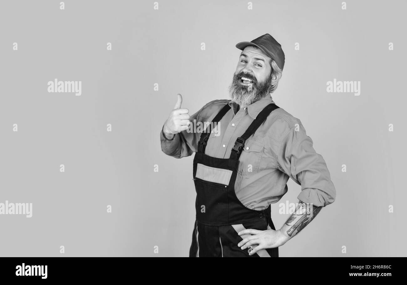 Renovation concept. Man skillful worker. Laborer. Repairman experienced ...