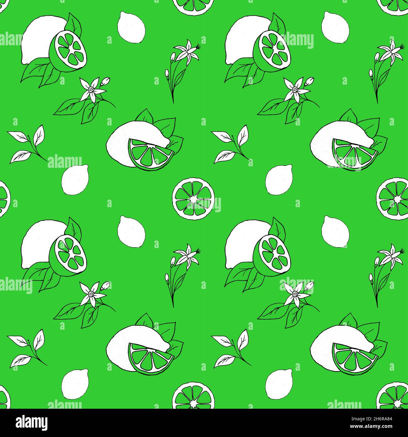 lime seamless graphic pattern on a bright green background, lime leaves ...