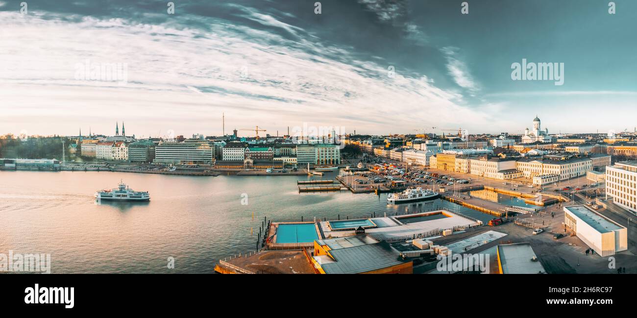 Helsinki, Finland. Panoramic Aerial View Of Market Square, Street With ...